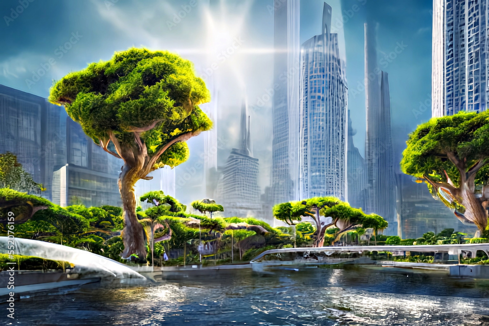 eco green ecology City of the future, forests, rivers, skyscrapers and ...
