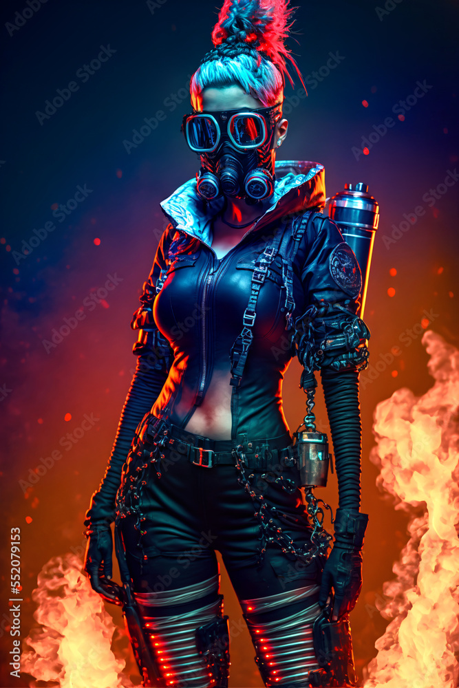cyberpunk girl with gas mask and fire, dystopian woman, portrait of ...