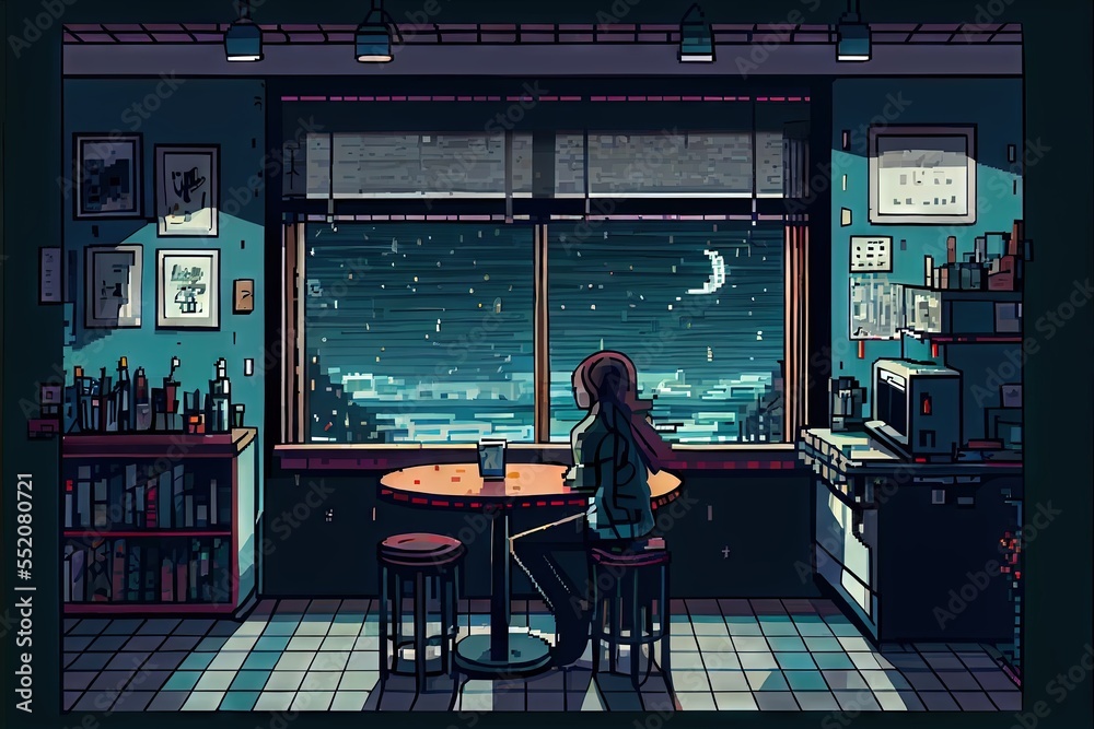 A pixel art illustration where a girl sits alone Stock Illustration ...