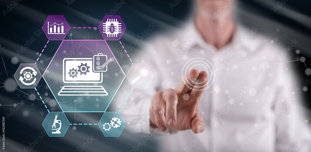 Man touching a software testing concept Stock Photo | Adobe Stock