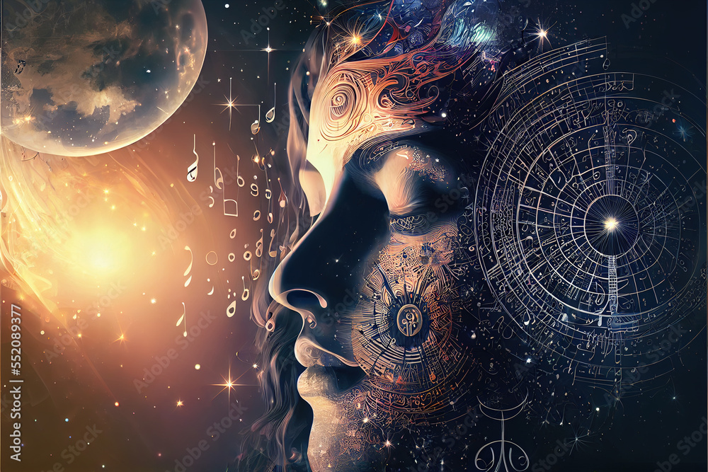 Mystical Yoga Meditation: Cosmic profile with moon, ancient symbols ...