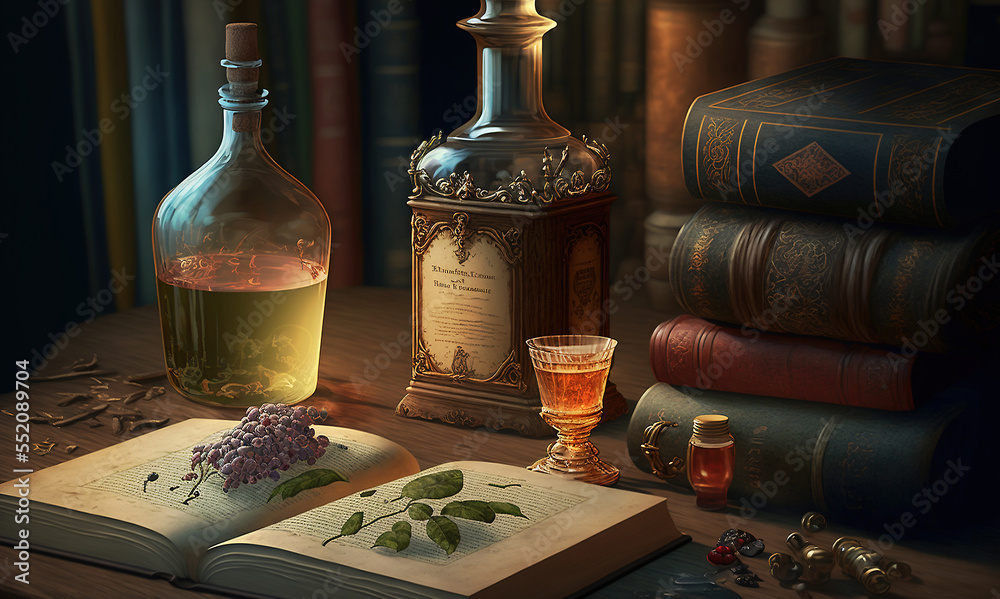 Magician Table with magic Potions and Wizard Books. Generative AI ...