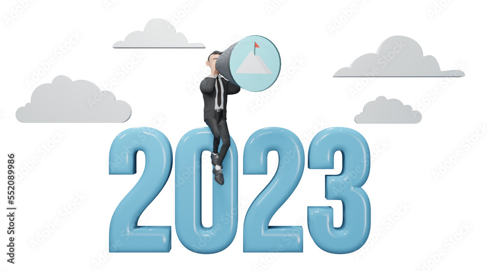 3d render. Year 2023 outlook, business opportunity or new challenge ...