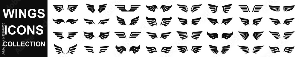 Wings icons set. Set of black wings icons. Wings badges. Set of wings ...
