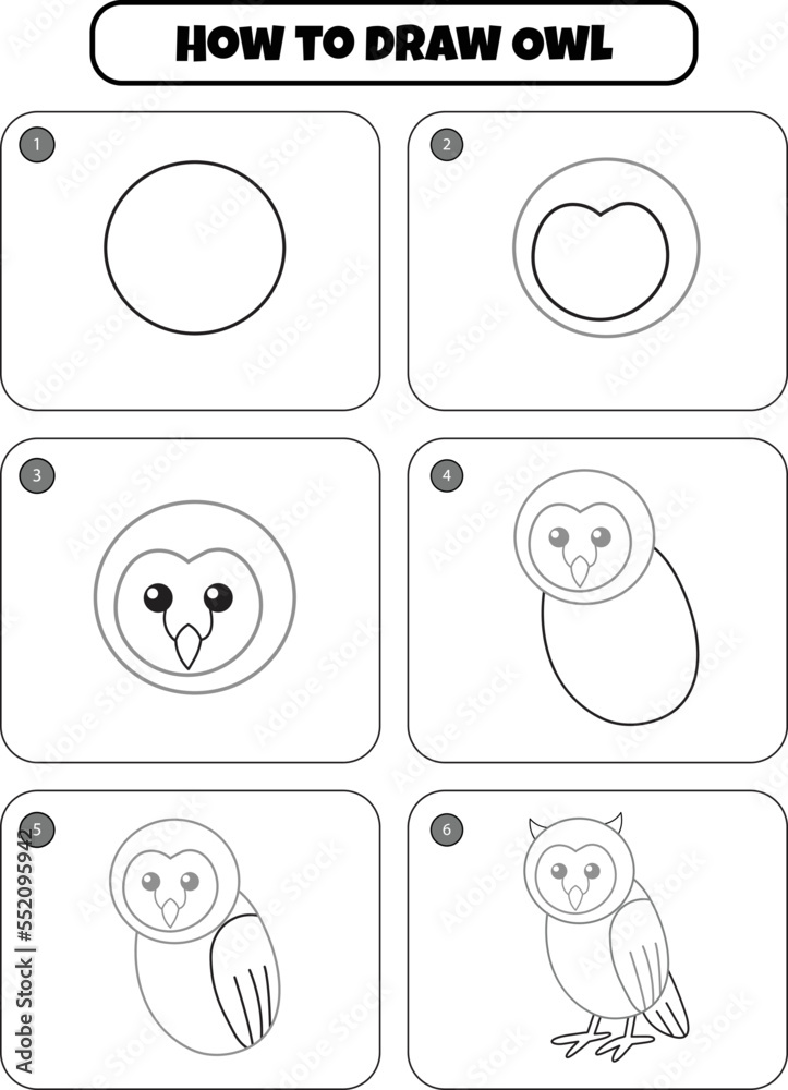How to draw Owl step-by-step drawing page for kids Stock Vector | Adobe ...