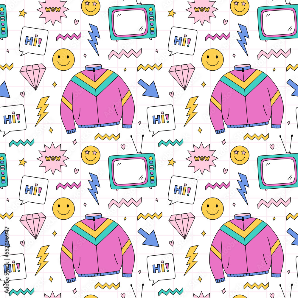 Bright seamless pattern with items from the nineties - sports jacket ...