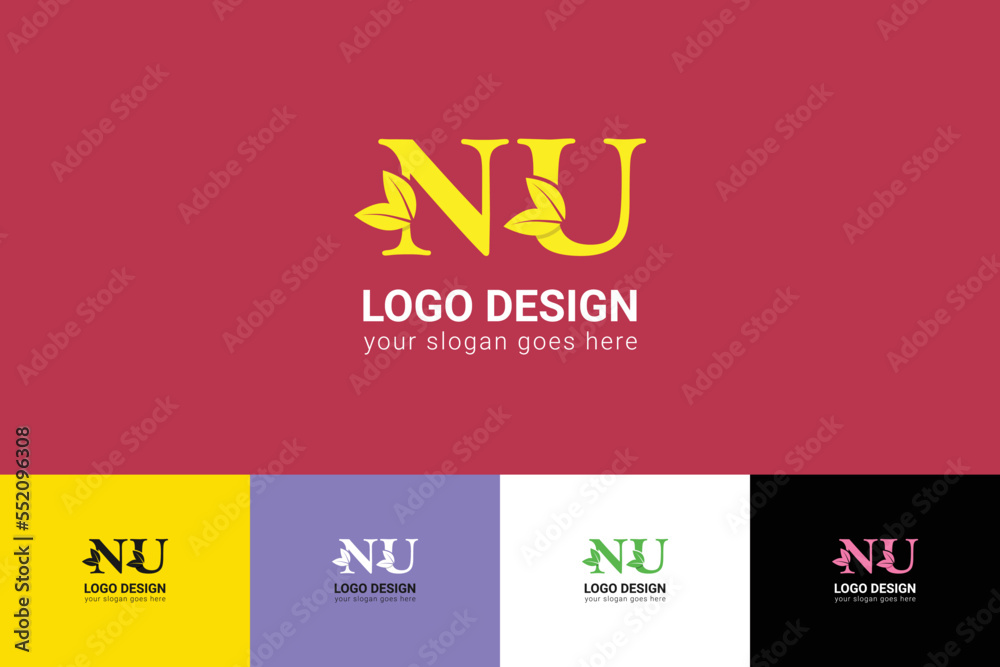 Ecology NU letters logo with green leaf. NU letters eco logo with leaf ...