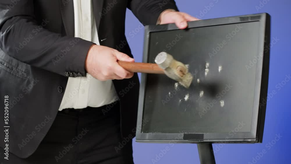 Aggressive man at work, Computer failure, error, stress at work concept ...