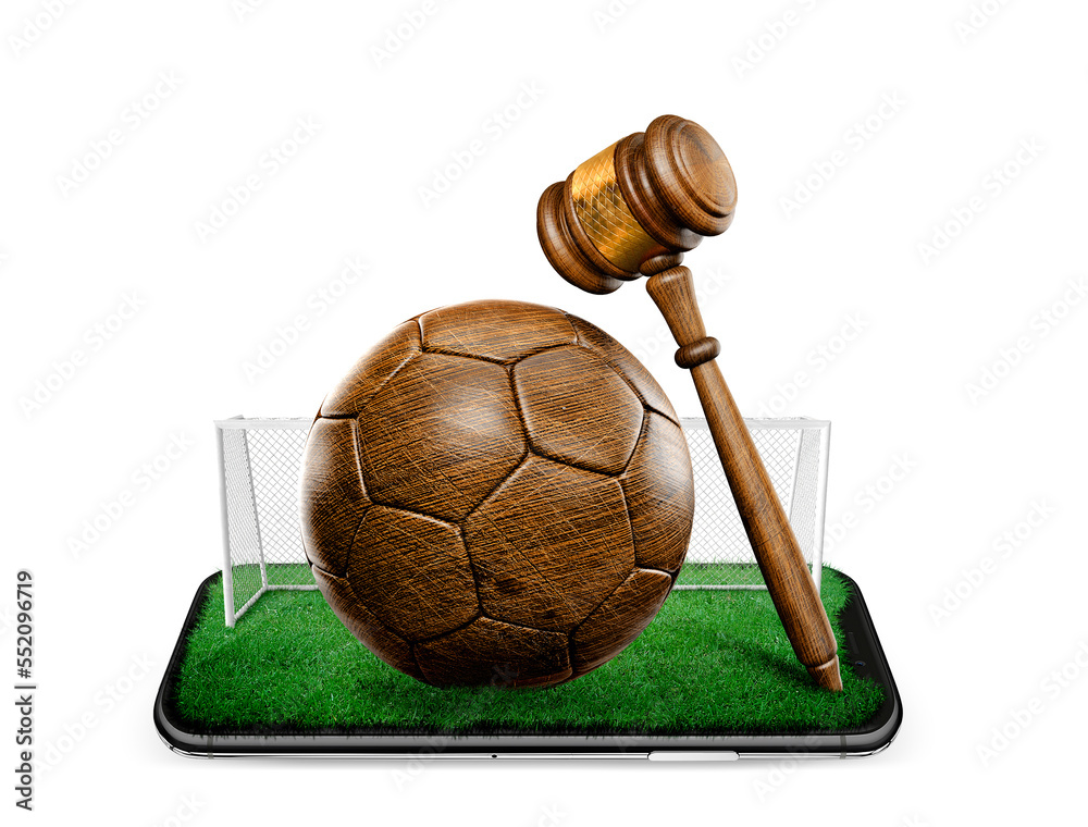 regulated gold wording, with a wooden soccer ball and gavel, over a ...