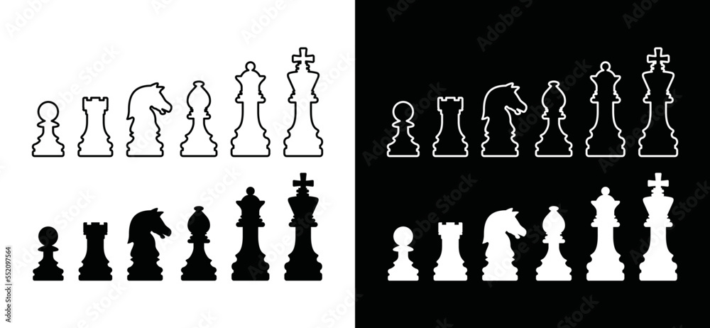 Chess piece icon set. Chess in flat and outline style. Chess board game in black and white ...