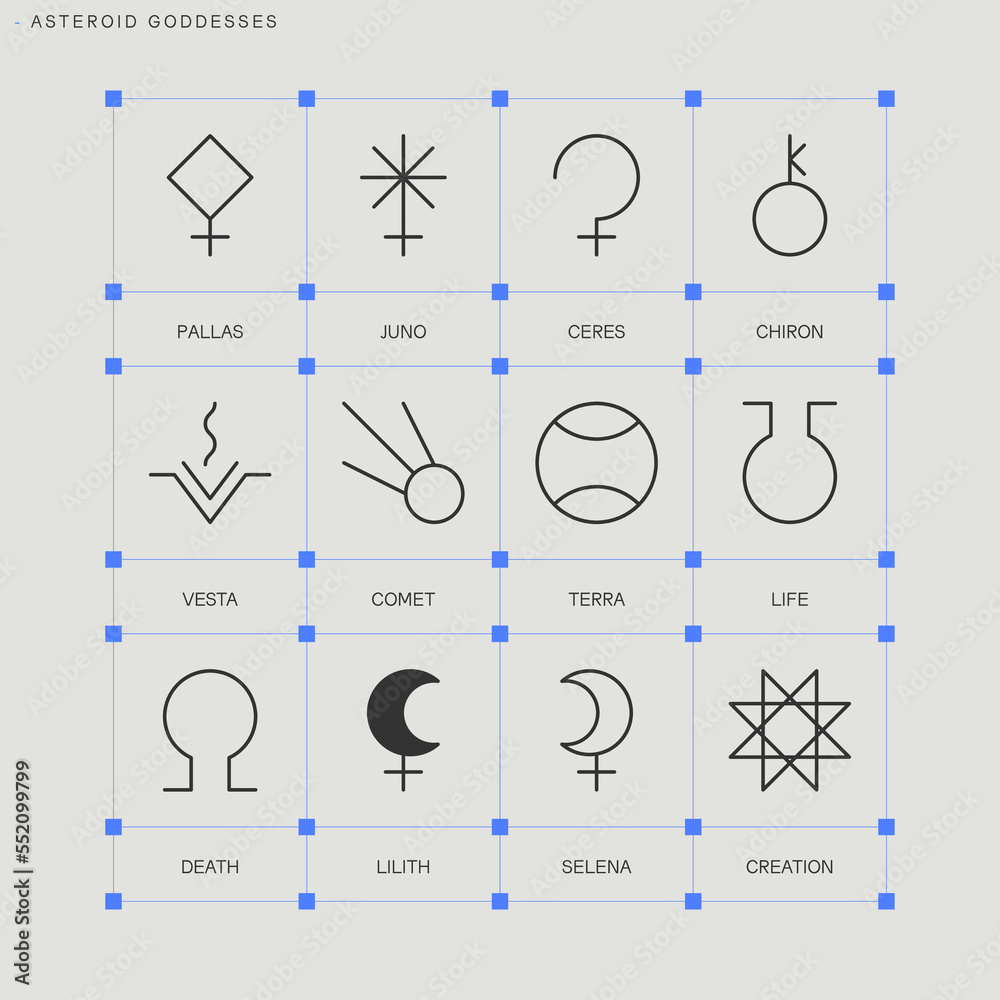 ASTEROID GODDESSES zodiac horoscope thin line label linear design ...