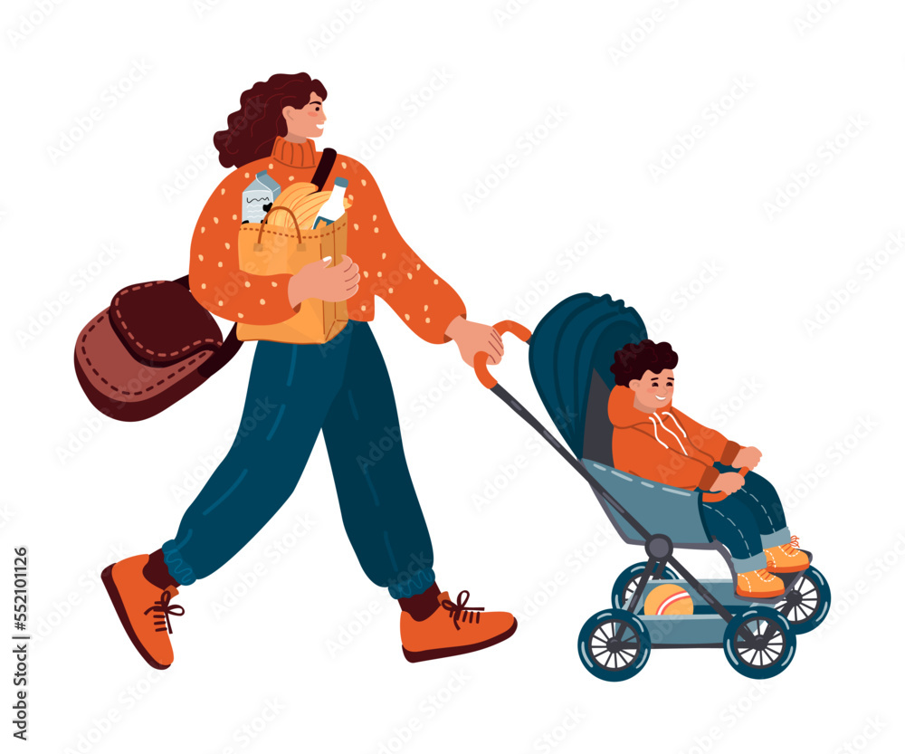 Walking woman with baby in a stroller.Female character holds a package ...
