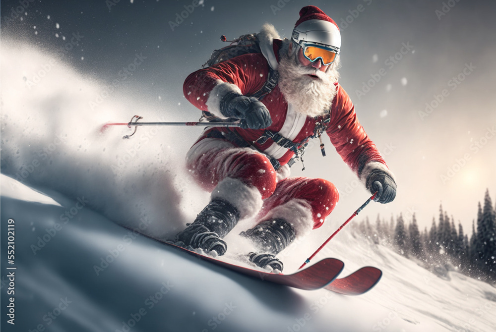 Santa Claus skiing and jumping on the slope. Generative AI fictional ...