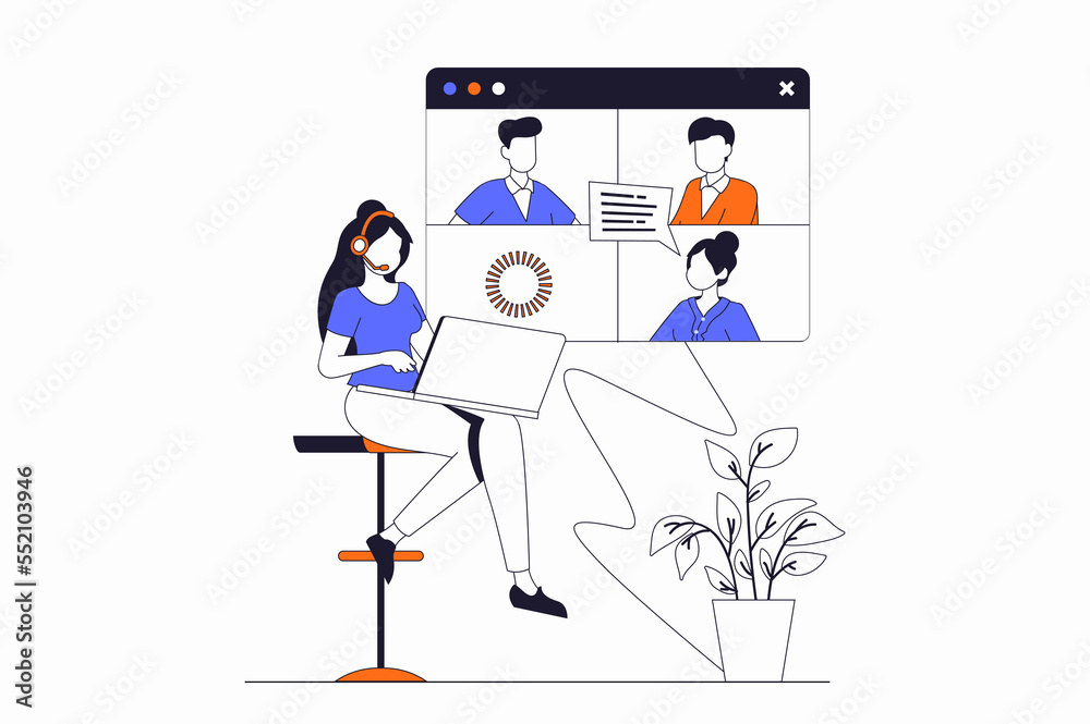 Video conference concept with people scene in flat outline design ...