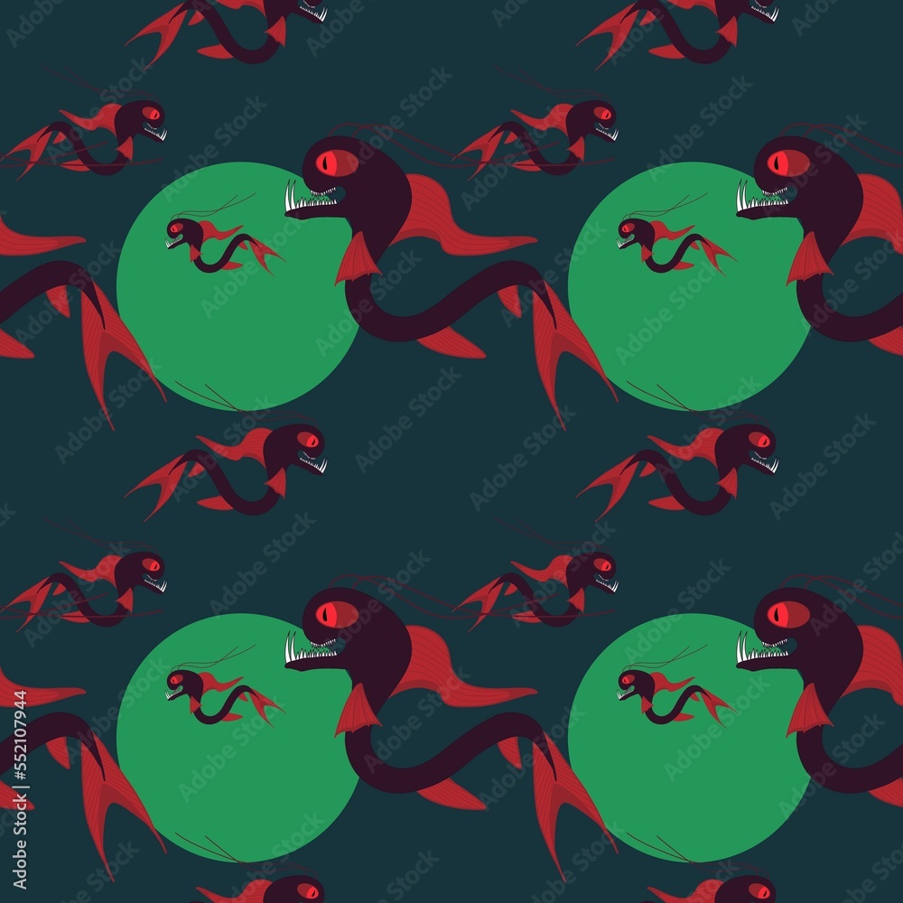 Cute cartoon character abstract sabertooth fish deep sea monster ...