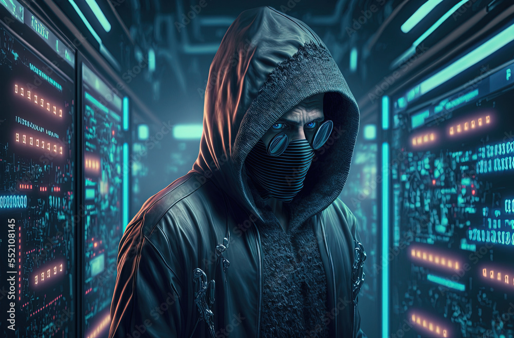 Dark hacker with hood and mask inside of data center. Postproducted ...
