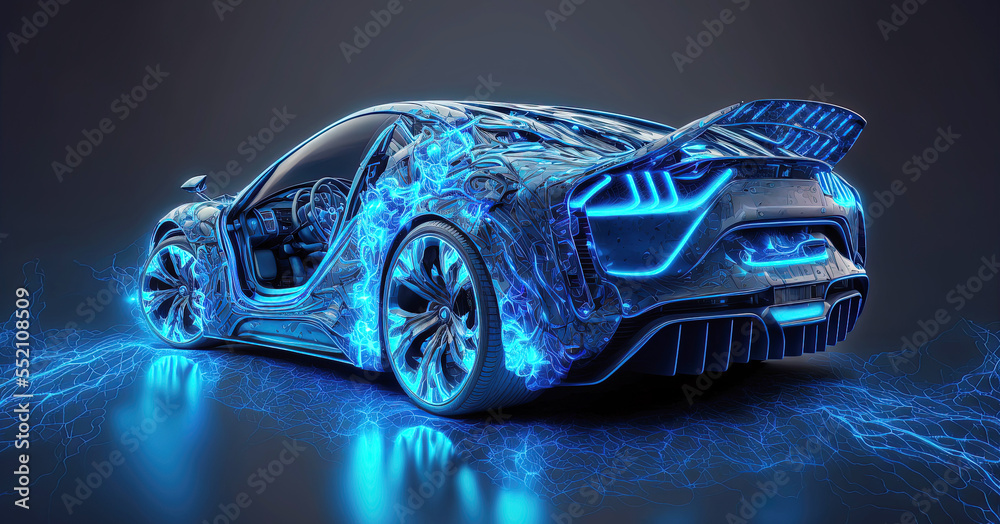 Futuristic blue car study at studio scene with energy blast around ...