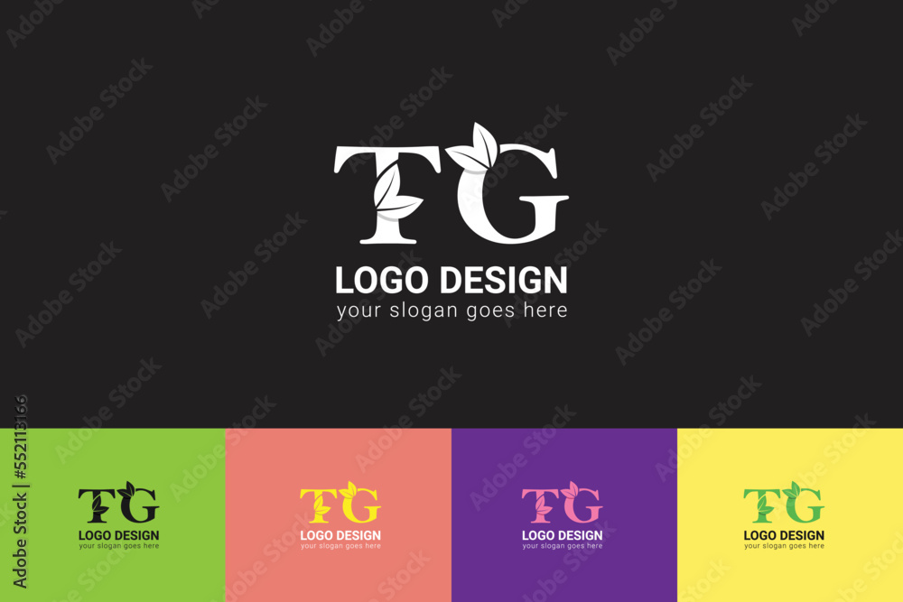 Ecology TG letters logo with green leaf. TG letters eco logo with leaf ...
