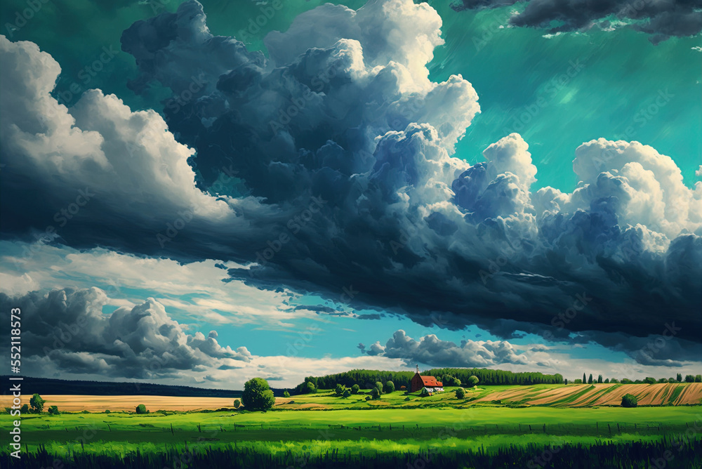 Clouds float over a green landscape in this gorgeous outdoor image ...