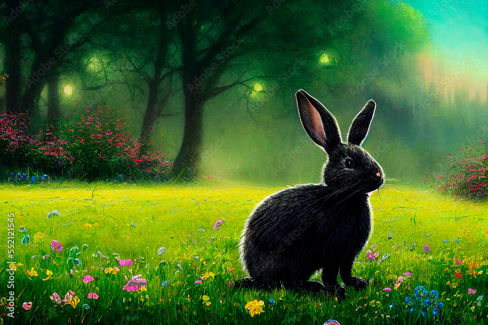 Black rabbit in the forest, in the wild. Illustration for advertising ...