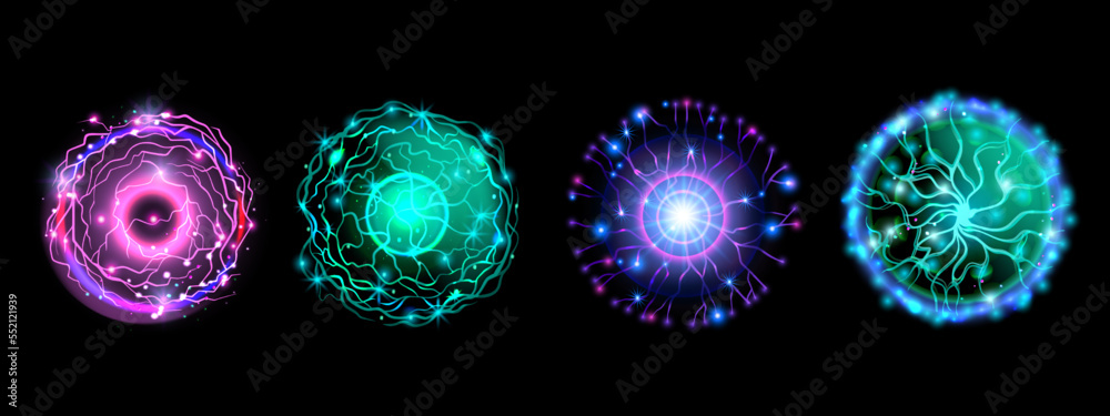 Energy ball vector set, game fire magic orb, crystal electric sphere ...