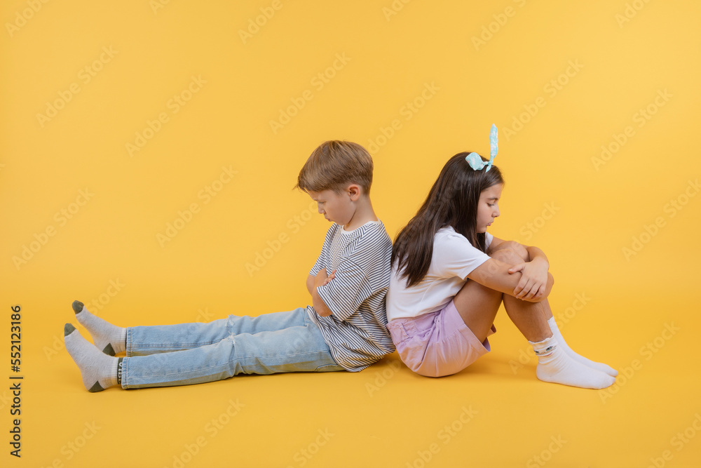 Two siblings brother and sister mad at each other. Two friends boy and ...