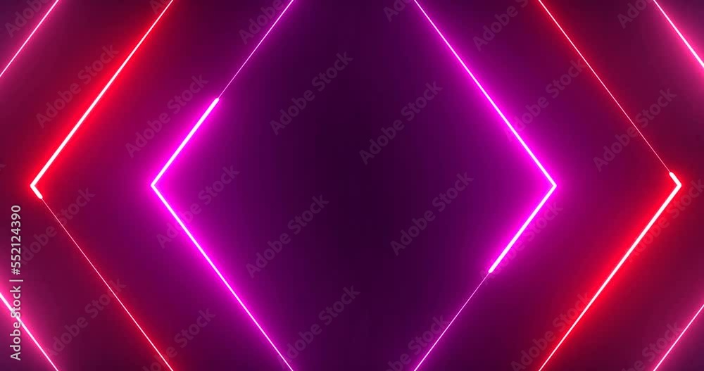 Animated glowing red and pink gradient neon square polygon abstract ...