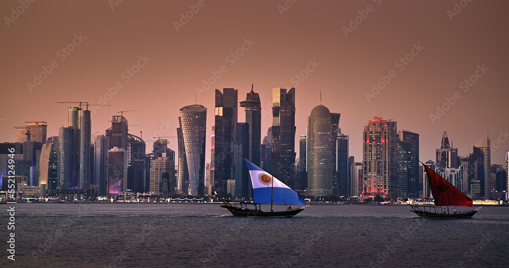 Traditional boats sail with Argentina and Morocco country flags design ...
