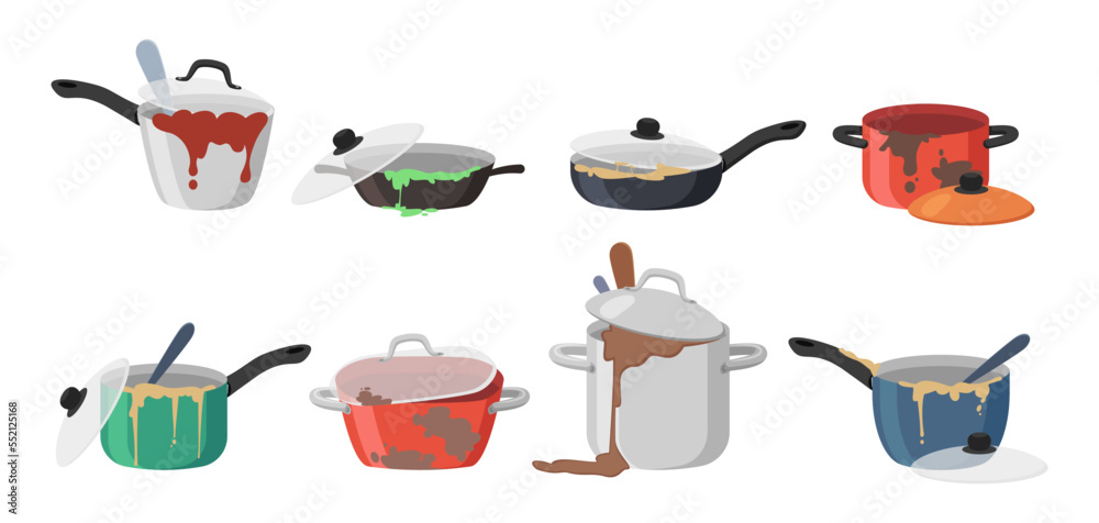 Dirty kitchen utensils vector illustrations set. Collection of cartoon ...