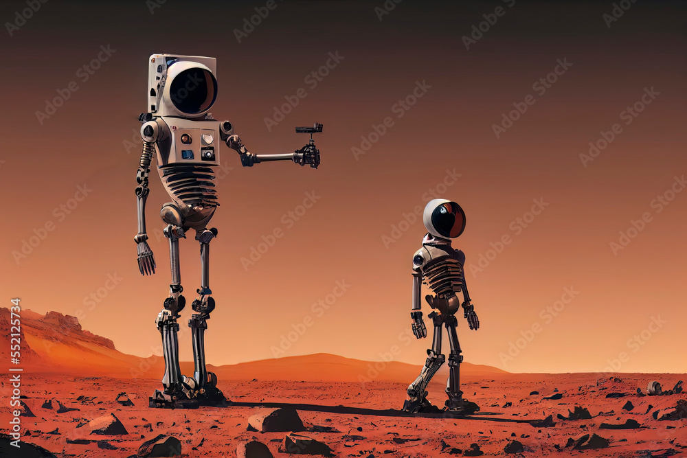 Robot astronaut. Robots on the planet Mars. Futuristic interpretation ...