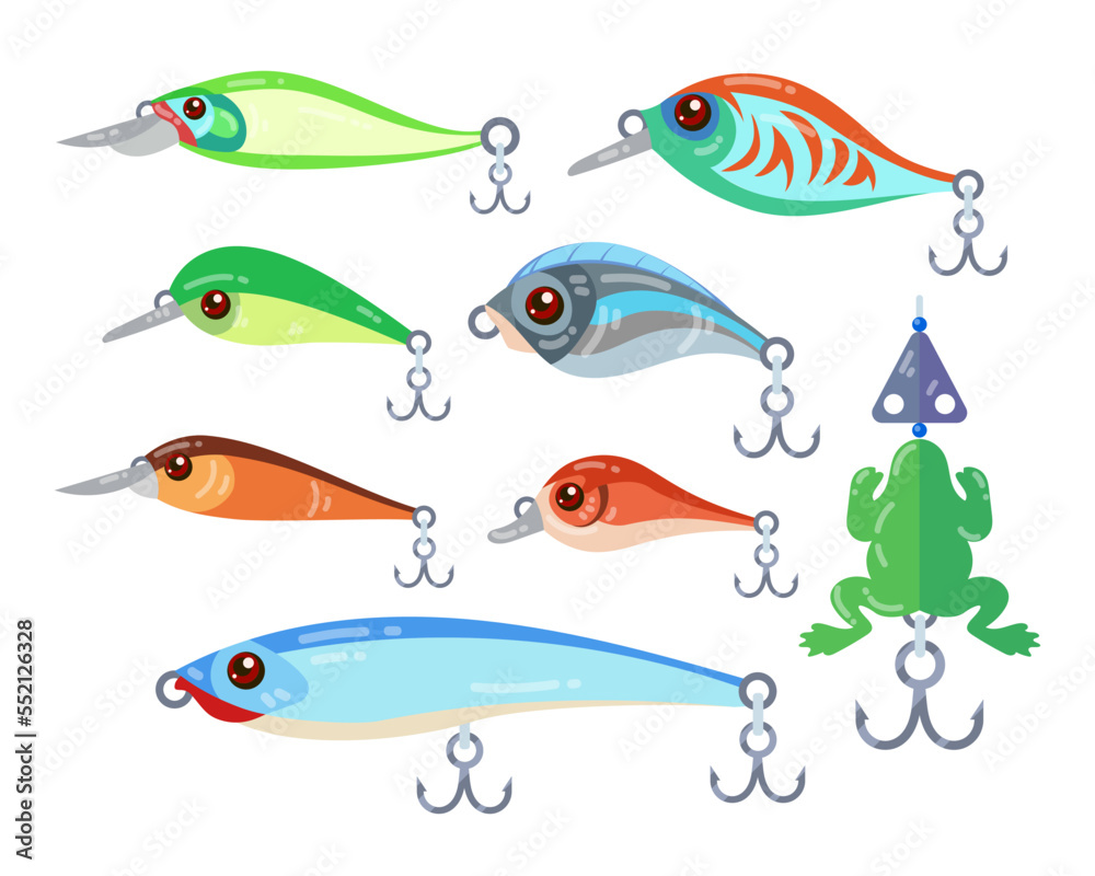 Different fishing lures and baits vector illustrations set. Collection ...