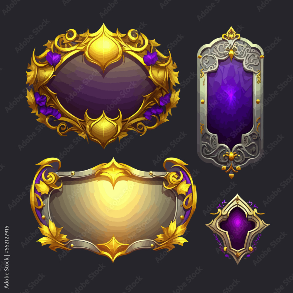 Game ui frames, gold medieval menu elements avatar UI fantasy gold ...