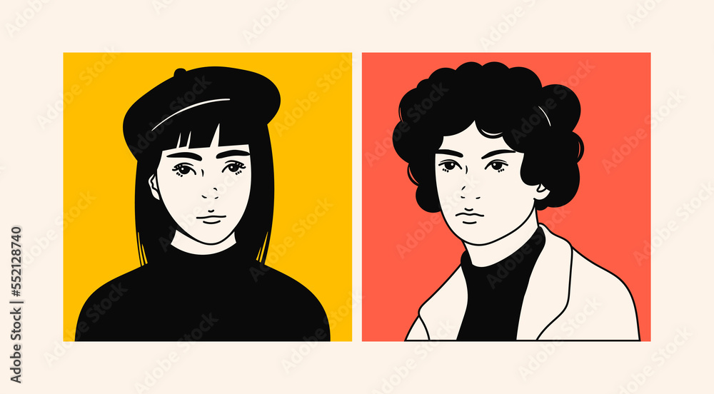 Portraits of Teenage boy and girl. Young people look at the camera ...