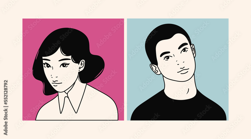 Portraits of Teenage boy and girl. Young people look at the camera ...