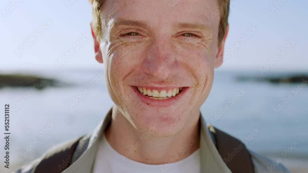Beach, smile and face of man happy on global travel journey for ...