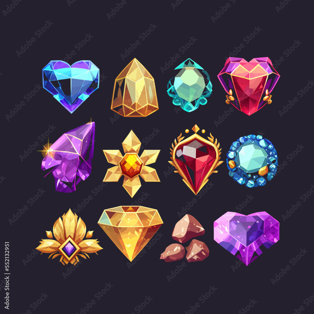 Game icons of precious gemstones piles. Flat cartoon illustration ...