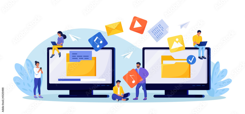 File Transfer. Two computers with folders on screen, transferred documents. Copy files, data ...