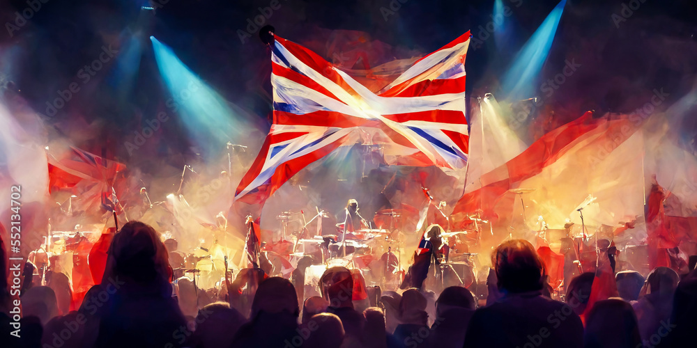 The audience comes alive in front of the British flag during a rock ...