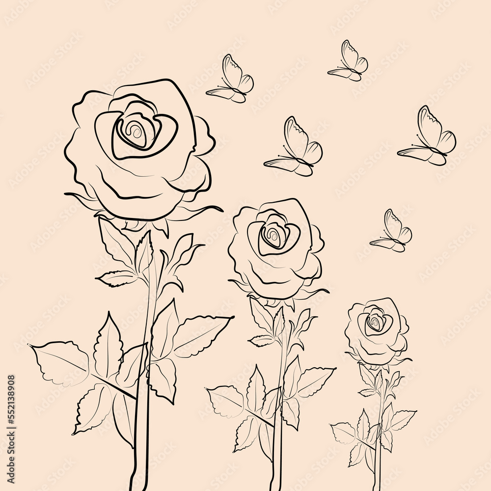 Rose and butterfly vector sketch illustration line art . Stock Vector ...