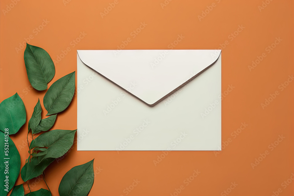 Blank green card in a white envelope, sitting on a burnt orange ...
