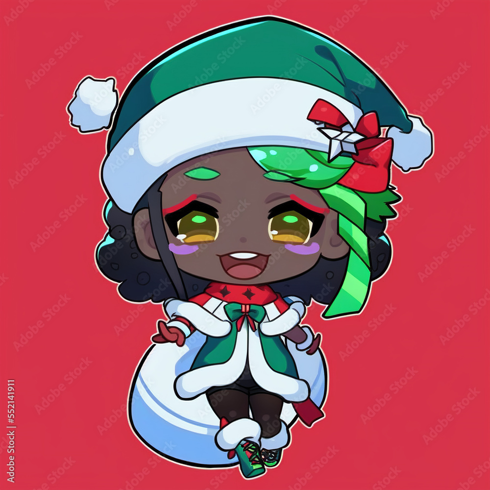 A cute chibi woman with dark brown skin wearing a Santa outfit and hat ...