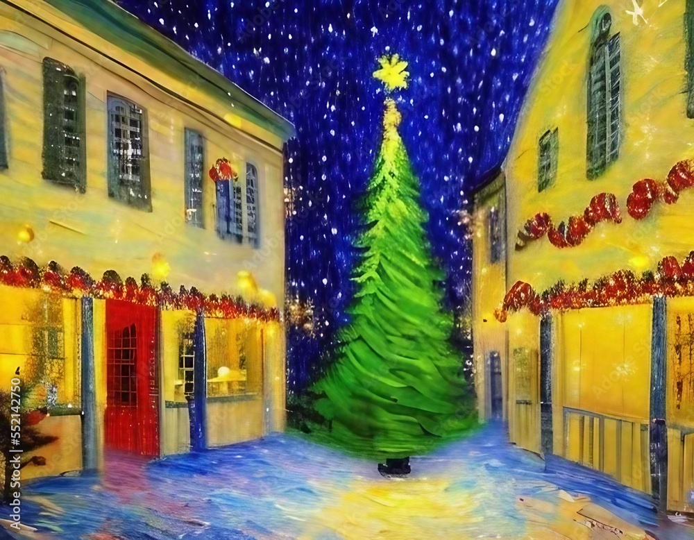 Impressionist painting of Christmas tree in a village square under ...