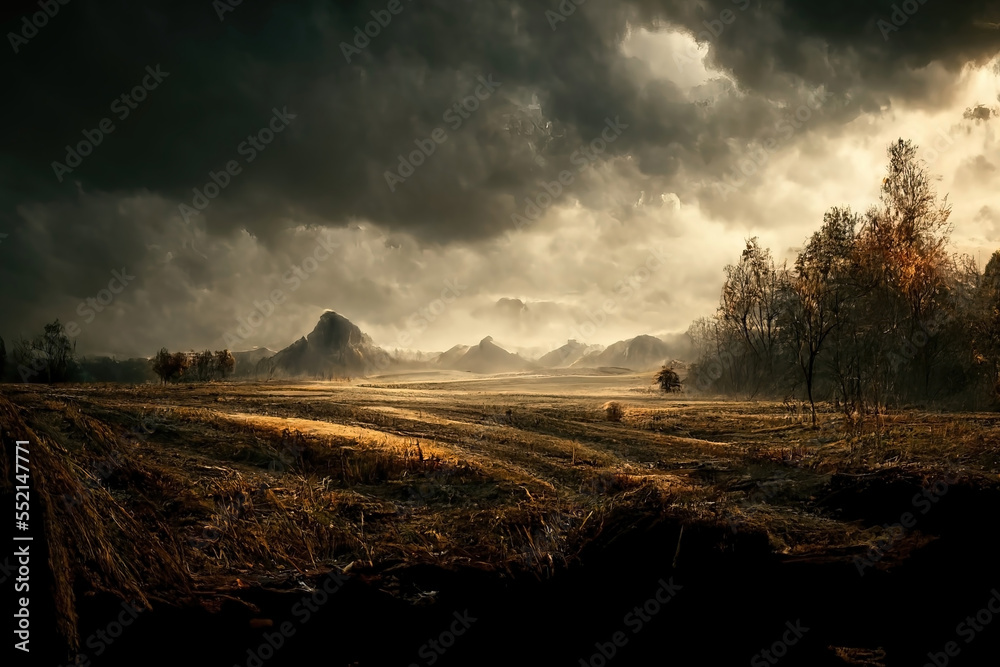 Barren sunset path in the middle of a dusty dry landscape. Dirt path ...