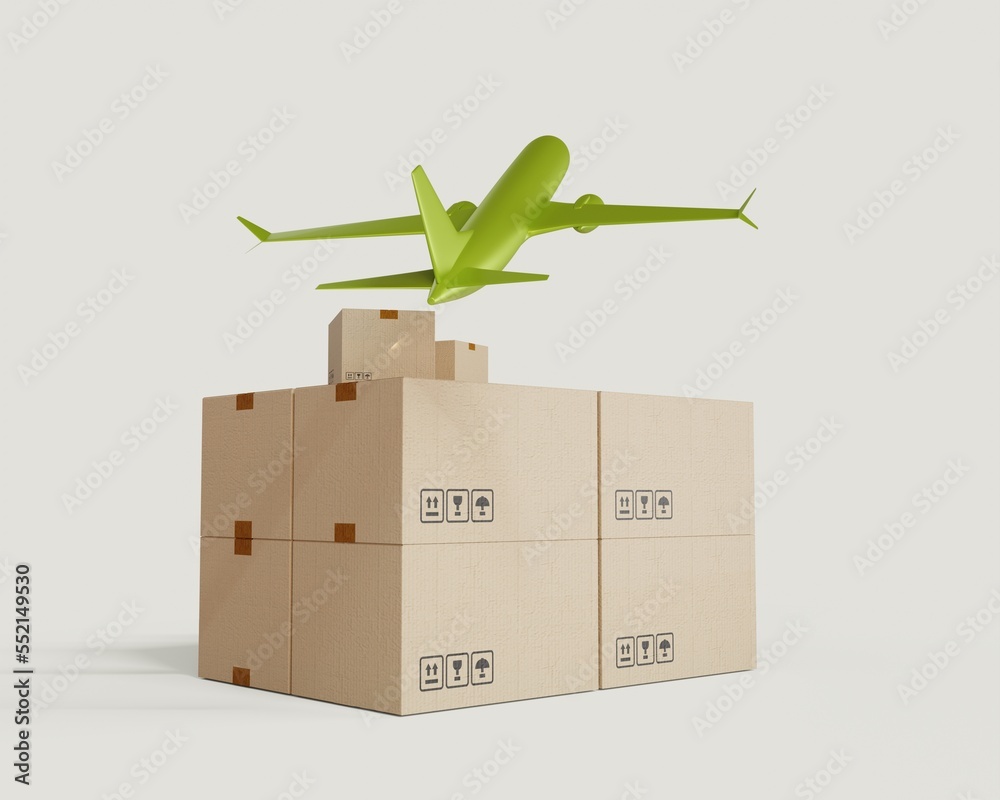 Cargo transportation by air. Boxes with goods and an airplane ...