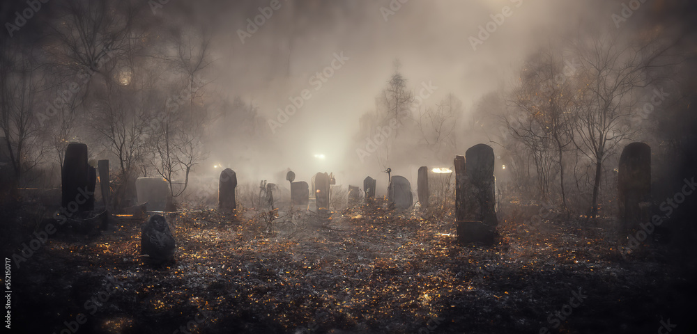Spooky cemetery landscape with old tombstones and fog. Full moon spooky ...