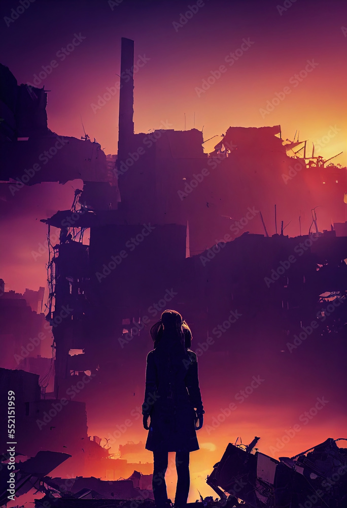 silhouette of a person overlooking a desolate post apocalyptic ruined ...