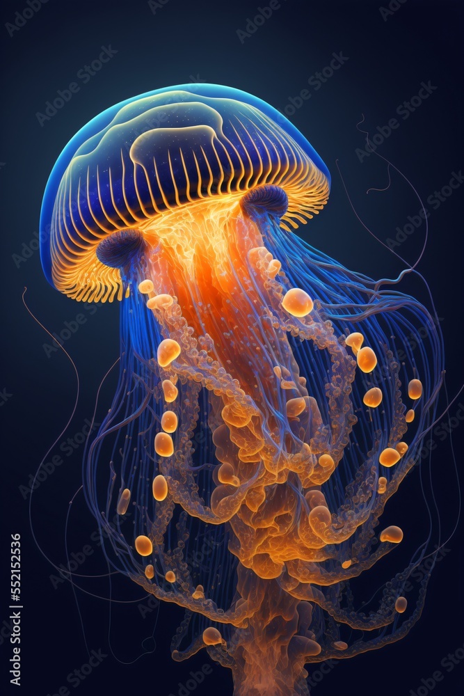 orange glowing exceptionally rare jellyfish, luminous deep sea creature ...