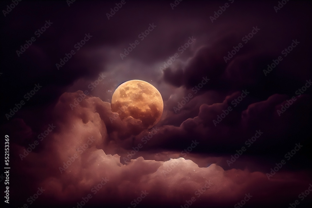 Epic spooky night scene with a full moon shining on a misty stormy sky ...