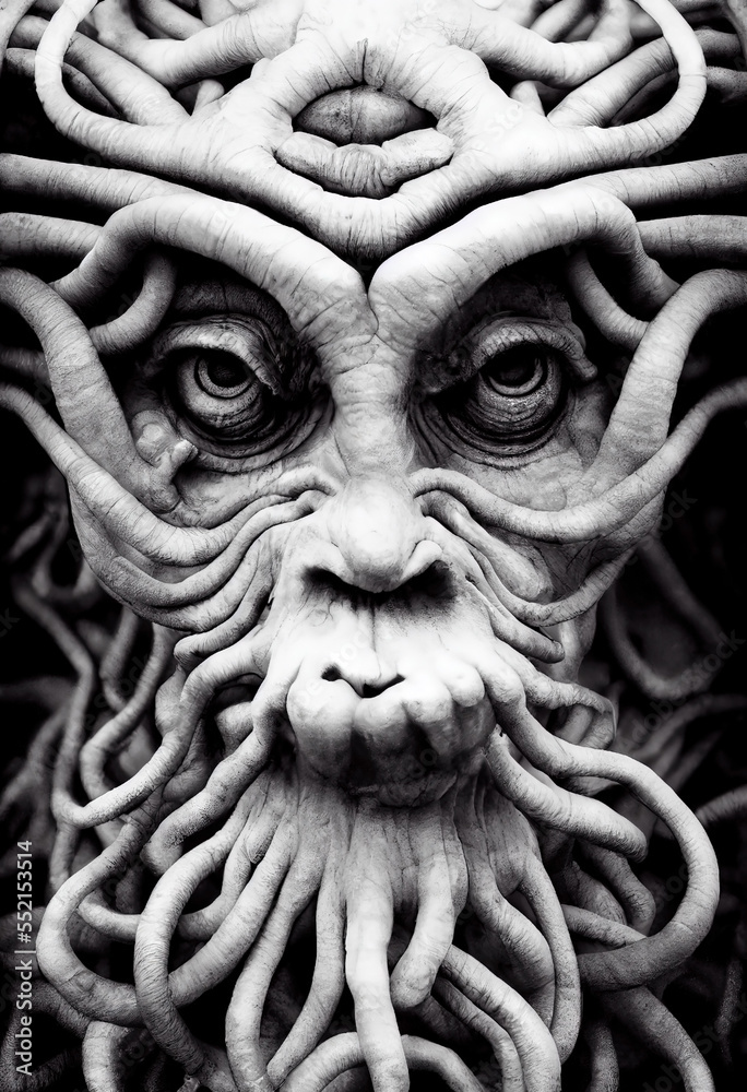 Stone medusa. Mythological creature. Monochromatic alien like demon ...
