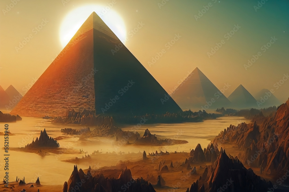 Pyramids of Egypt. Epic fantasy. Ancient ruins concept art. River ...